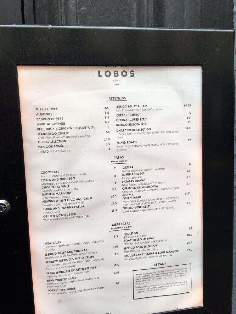 Menu at Lobos restaurant, London, 48 Frith St