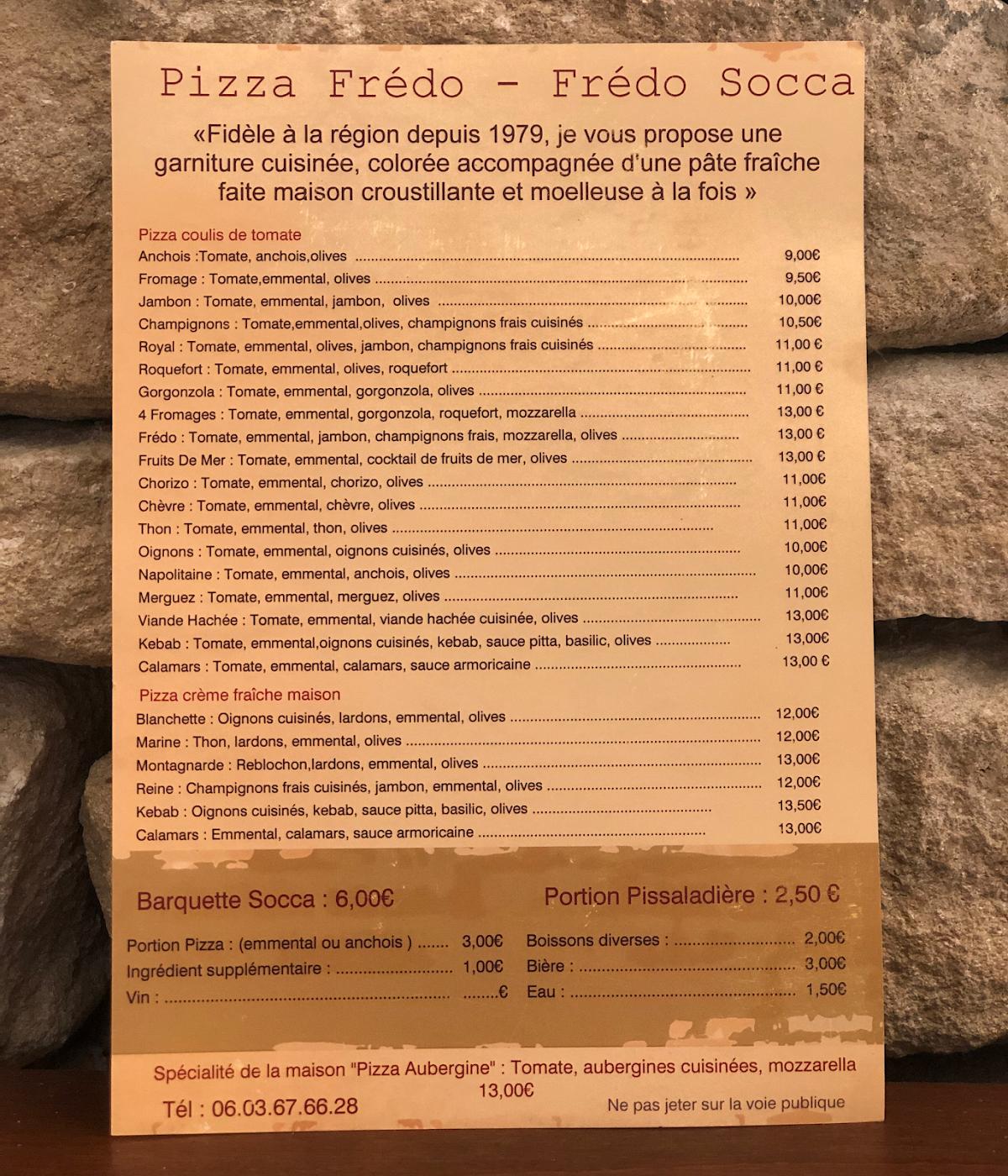 Menu at Pizza Fredo restaurant, Maubec