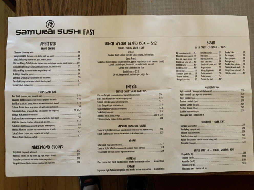 Menu at Samurai Sushi East restaurant, Nashville