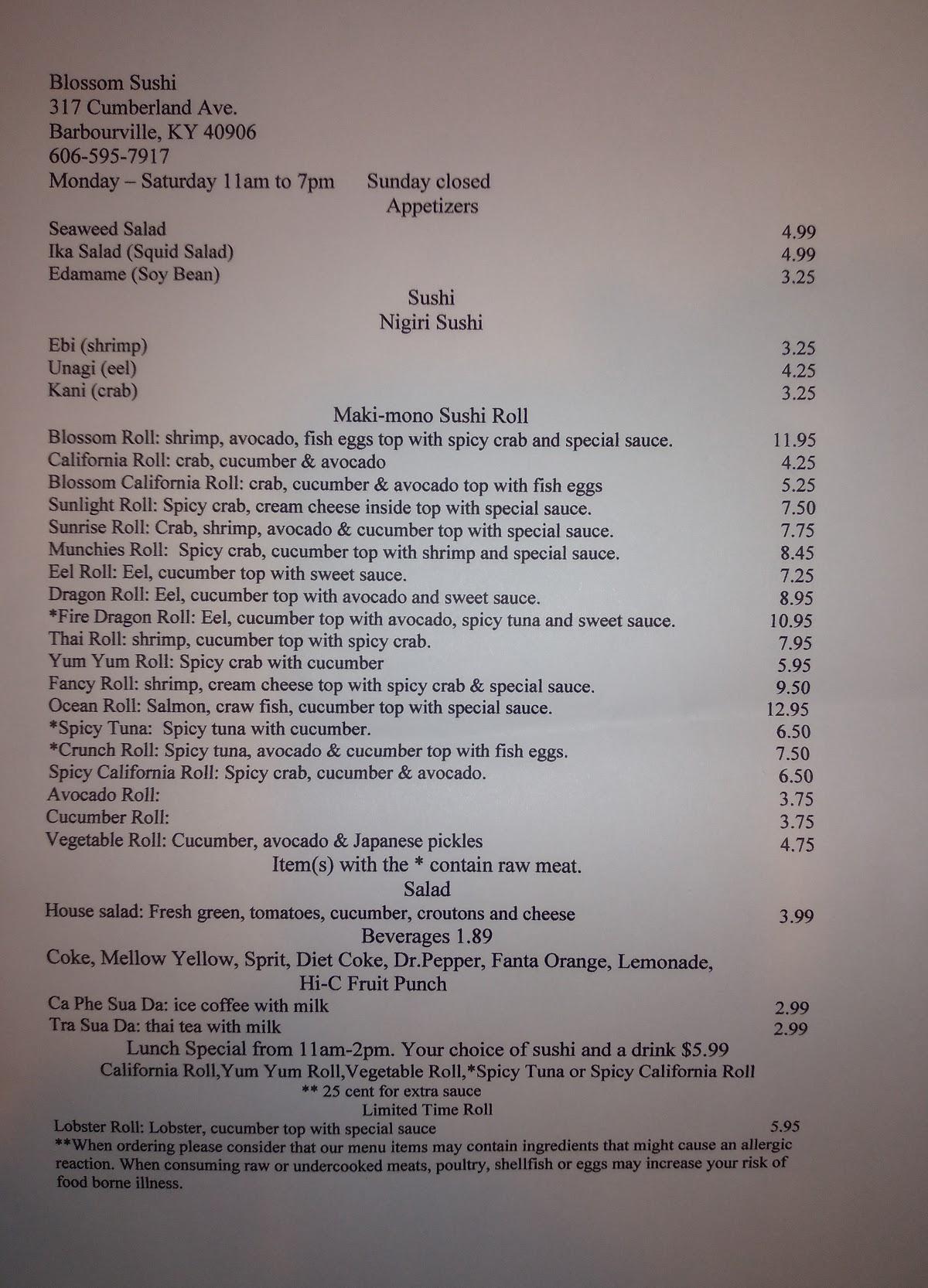Menu at Blossom Sushi restaurant, Barbourville
