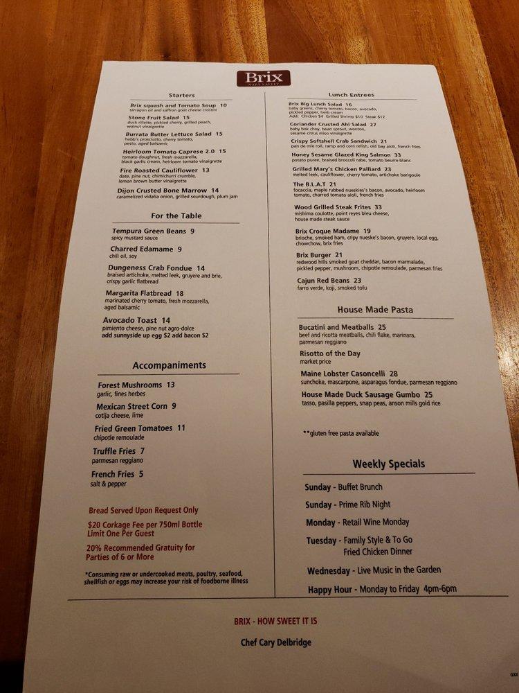Menu at Brix pub & bar, Yountville
