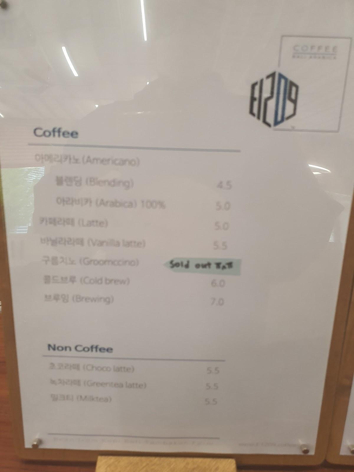 Menu at 1209 Coffee & Bakery, Seoul