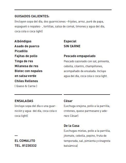 Menu at El Comalito Hecho en Mi Casa restaurant, Monterrey