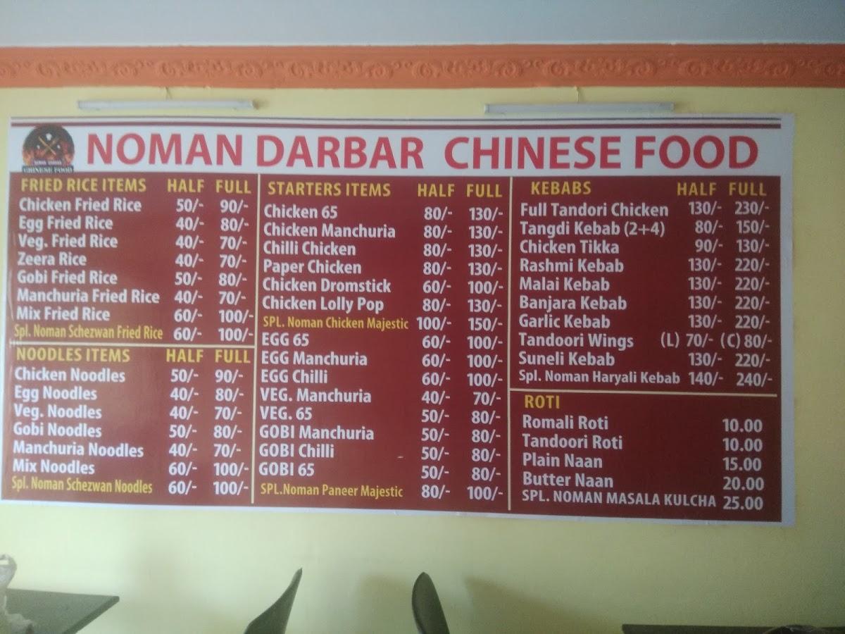Menu at Noman Darbar, Hyderabad