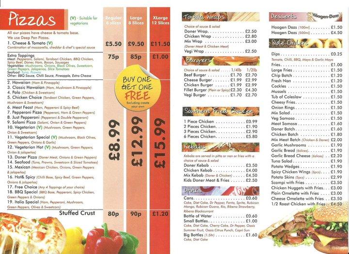 Menu at PIZZA ITALIA & KEBAB HOUSE fast food, Coventry, 13b Ringwood Hwy