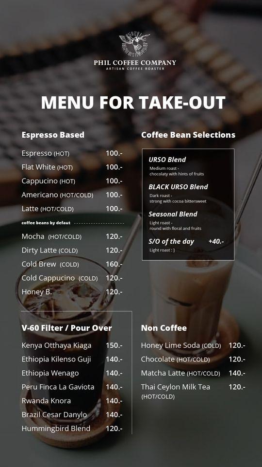 Menu at Phil Coffee Co cafe, Bangkok