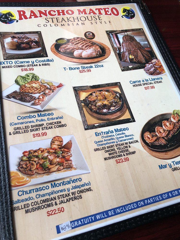 Menu at Rancho Mateo Colombian Steakhouse, Elizabeth, 248 Morris Ave