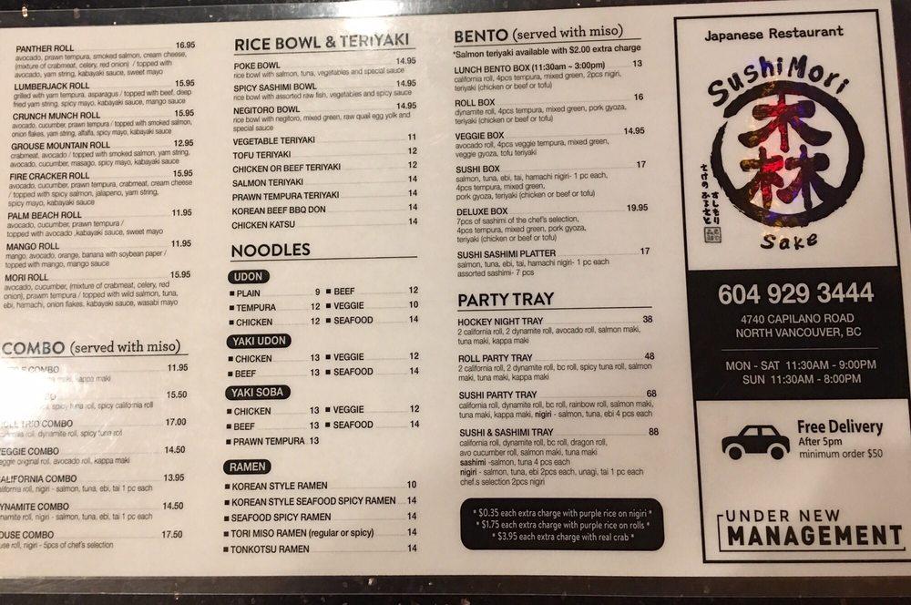 Menu at Sushi Mori restaurant, North Vancouver, Capilano Rd