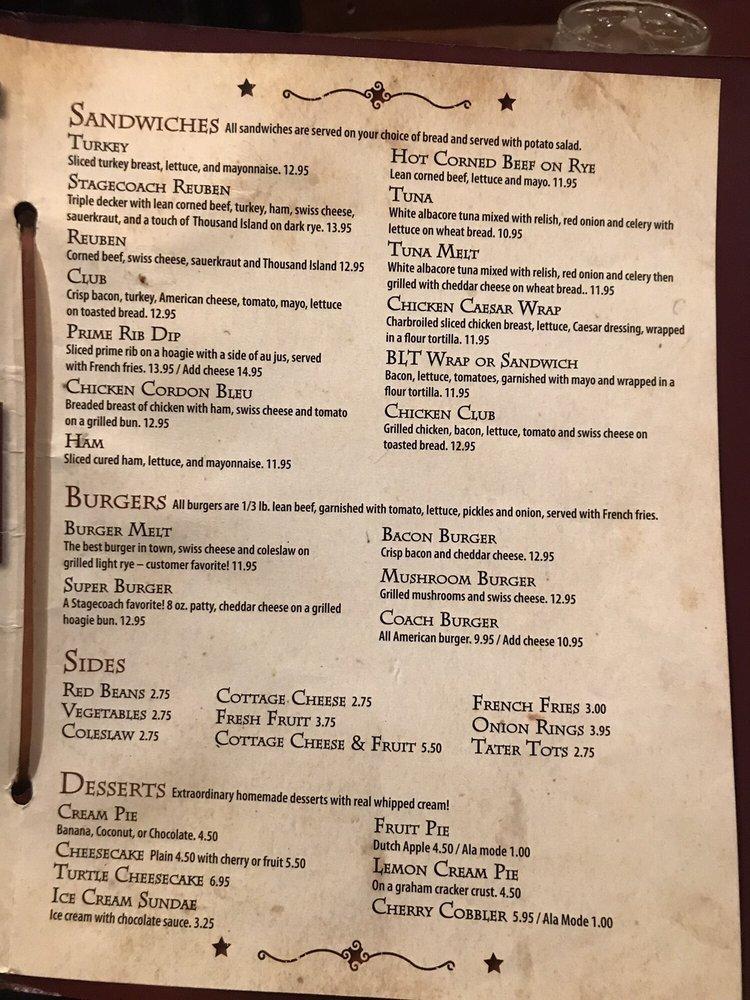 Menu at The Stagecoach Inn steakhouse, Garden City