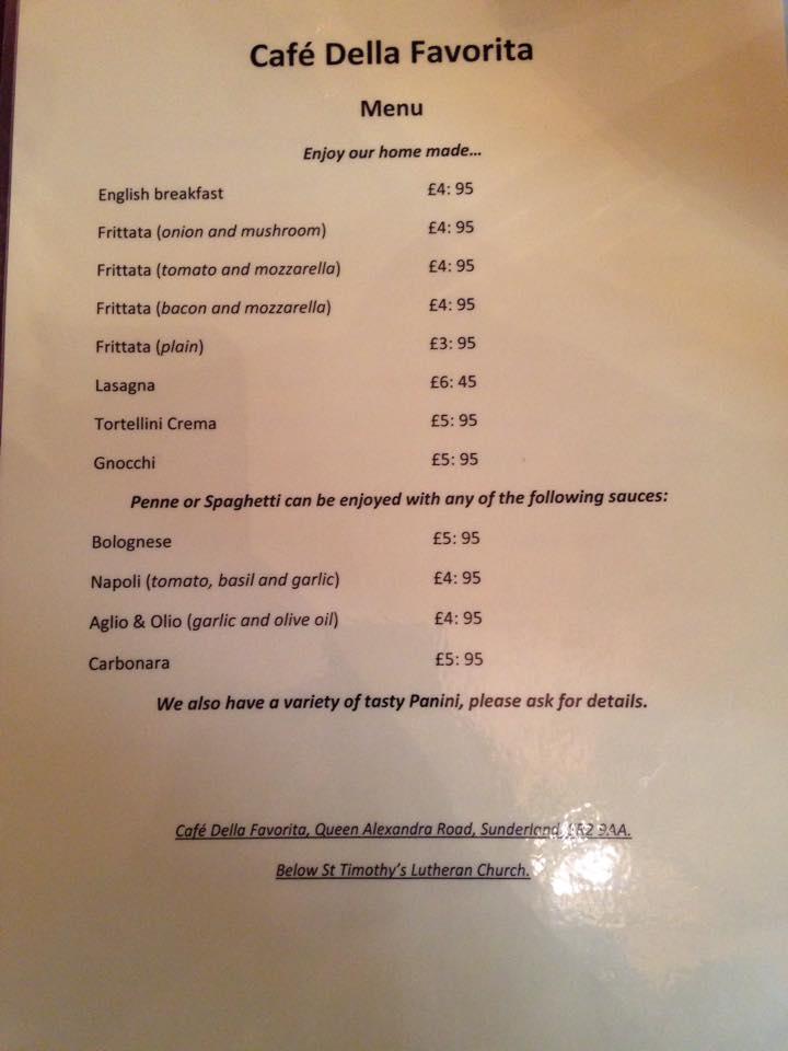 Menu at Café Della Favorita, Sunderland