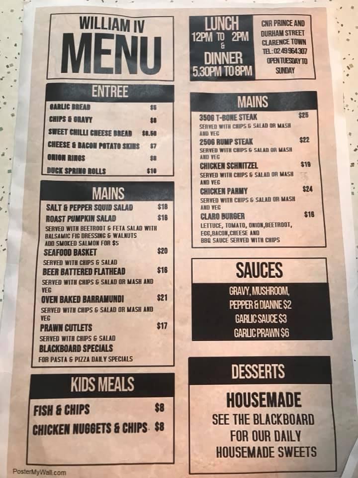 Menu at Clarence Town Bowling Club, Clarence Town