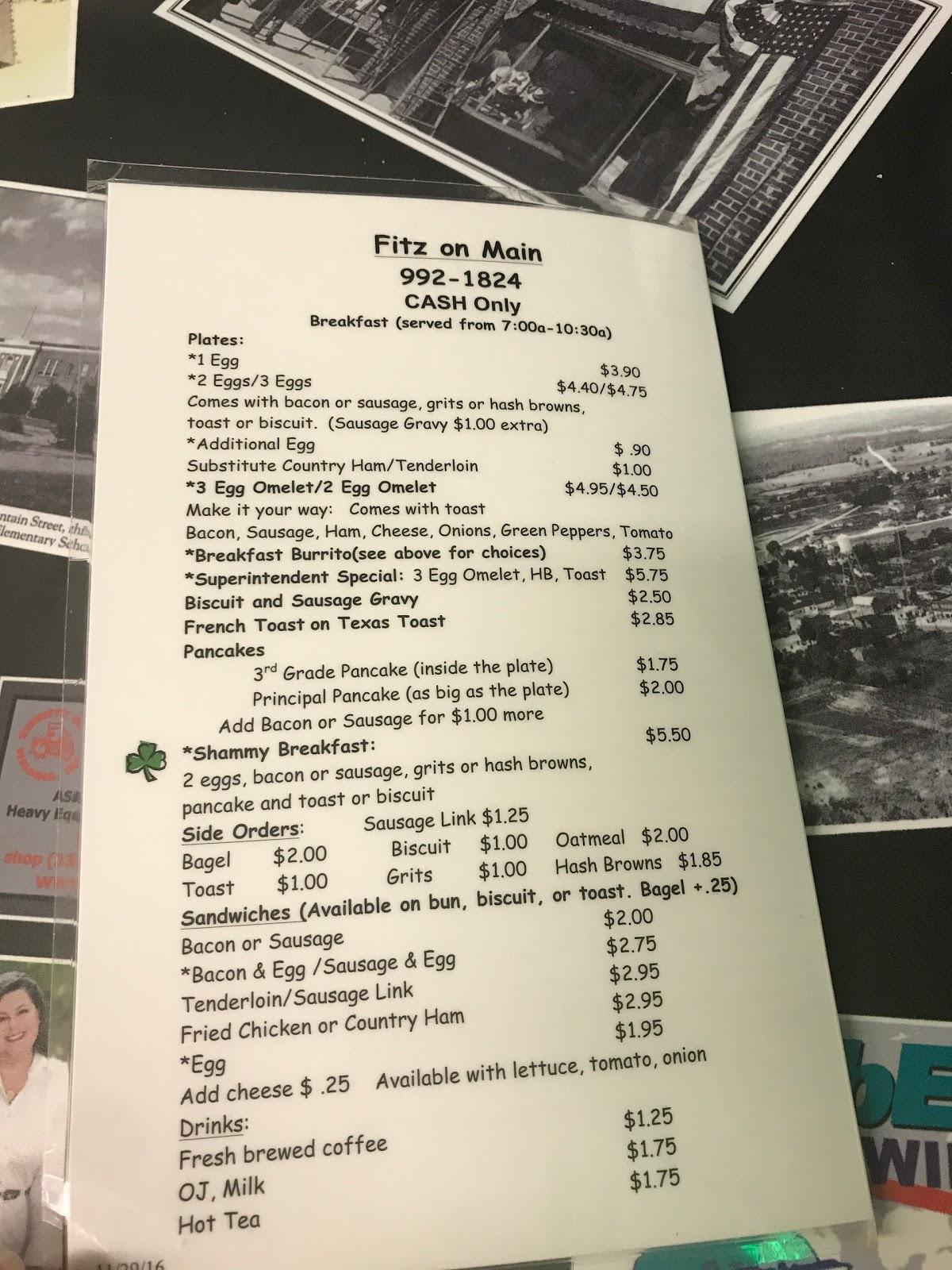 Menu at Fitz On Main restaurant, Kernersville