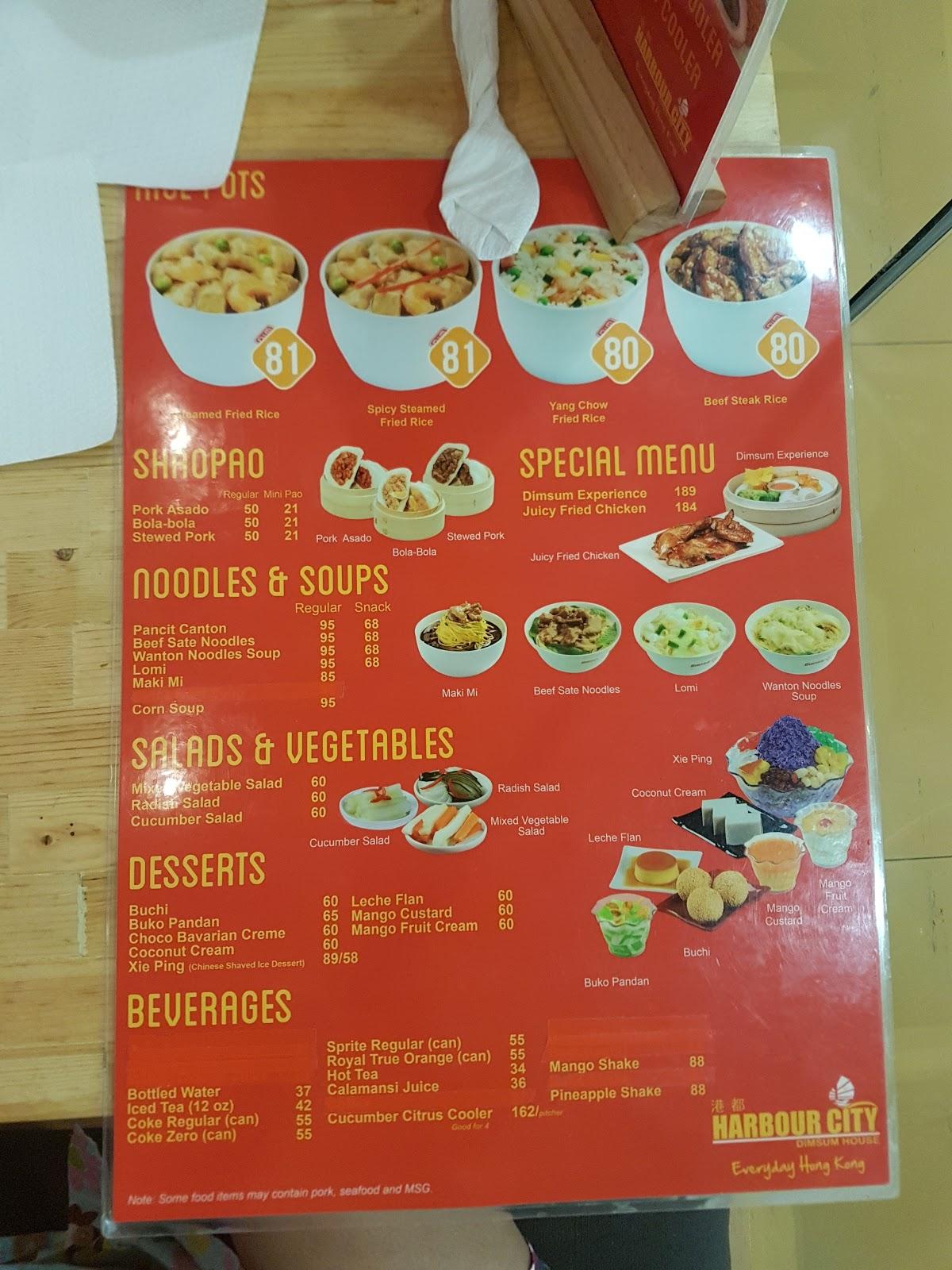 Menu at Harbour City Dimsum House restaurant, Iloilo City