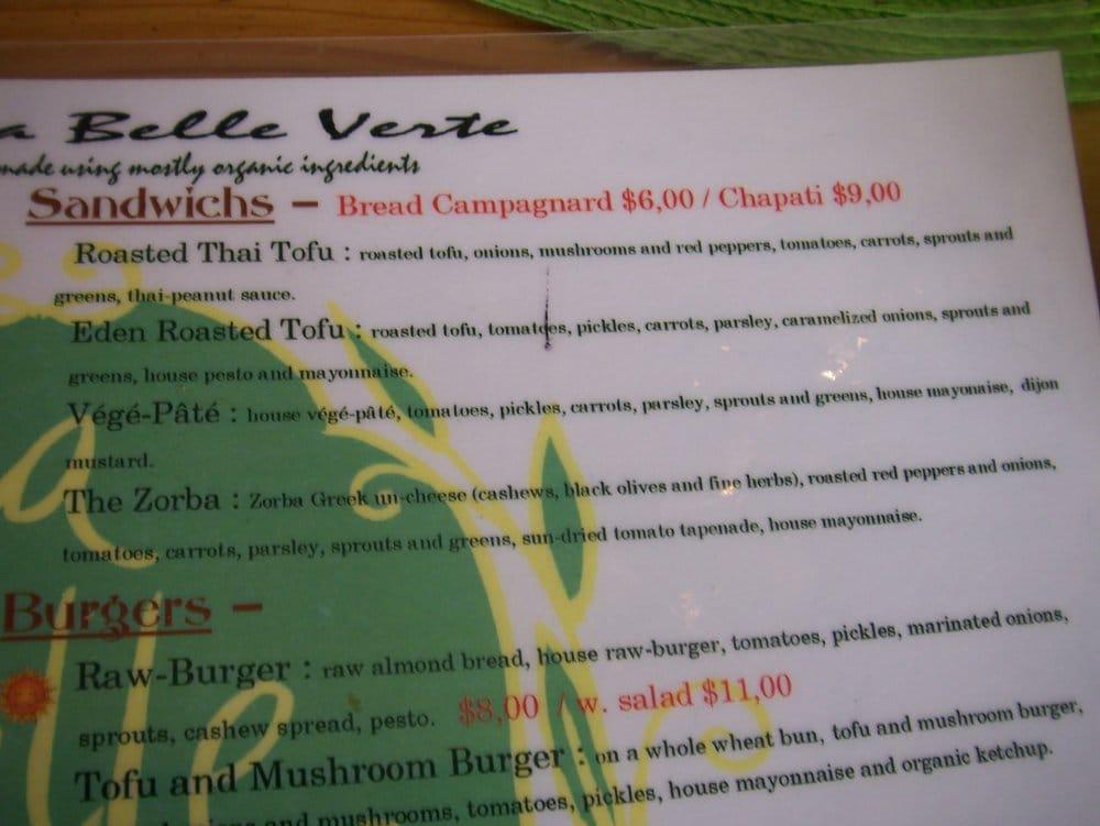 Menu at La Belle Verte restaurant, Gatineau