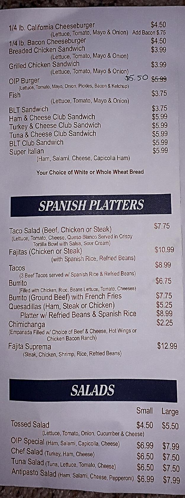 Menu at Original Italian Pizza pizzeria, Pine Grove