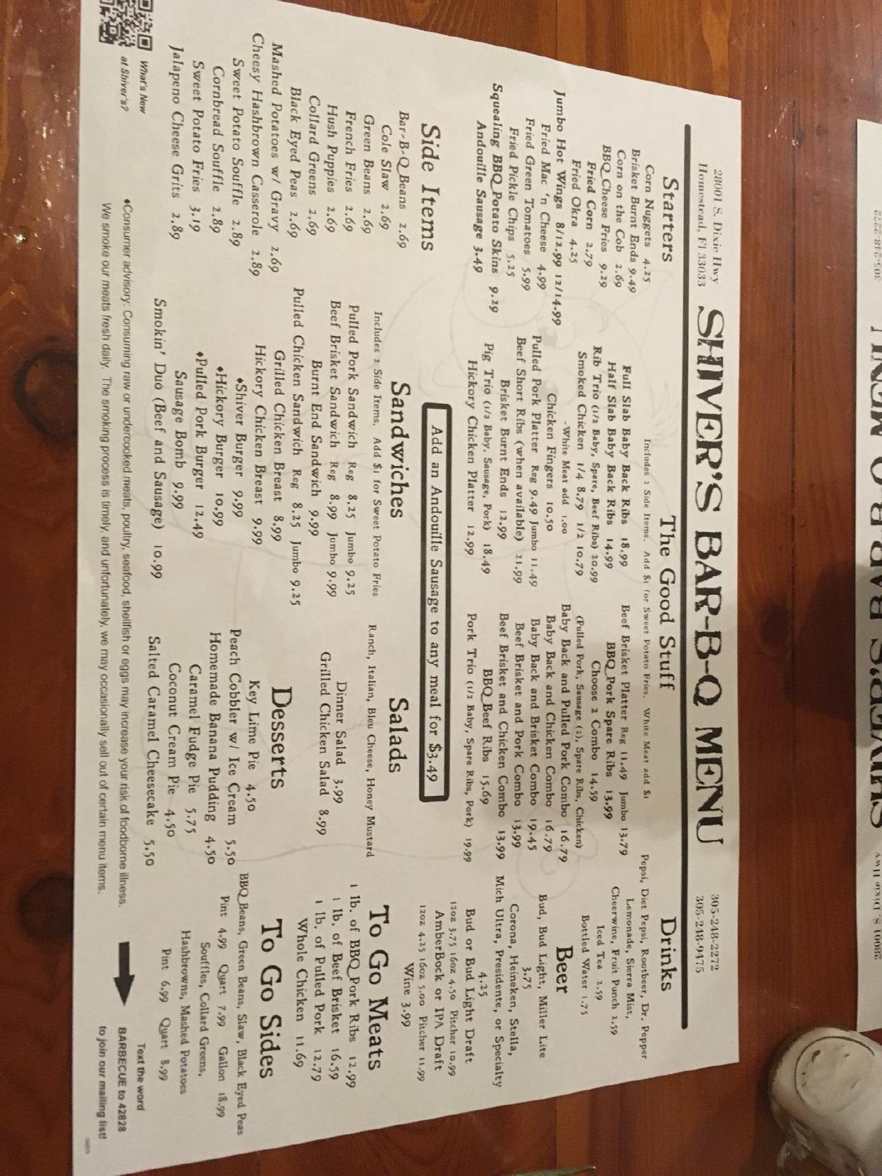 Carta de Shiver's BBQ, Homestead