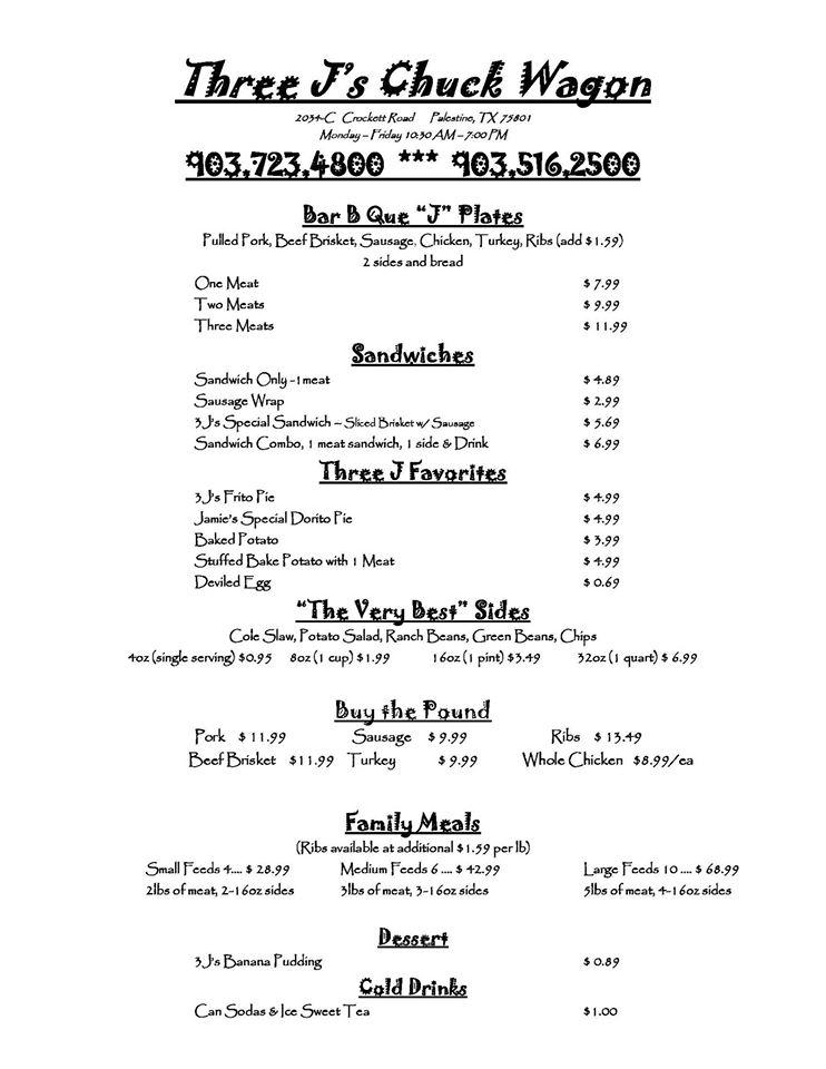 Menu at Three J's Chuck Wagon restaurant, Palestine