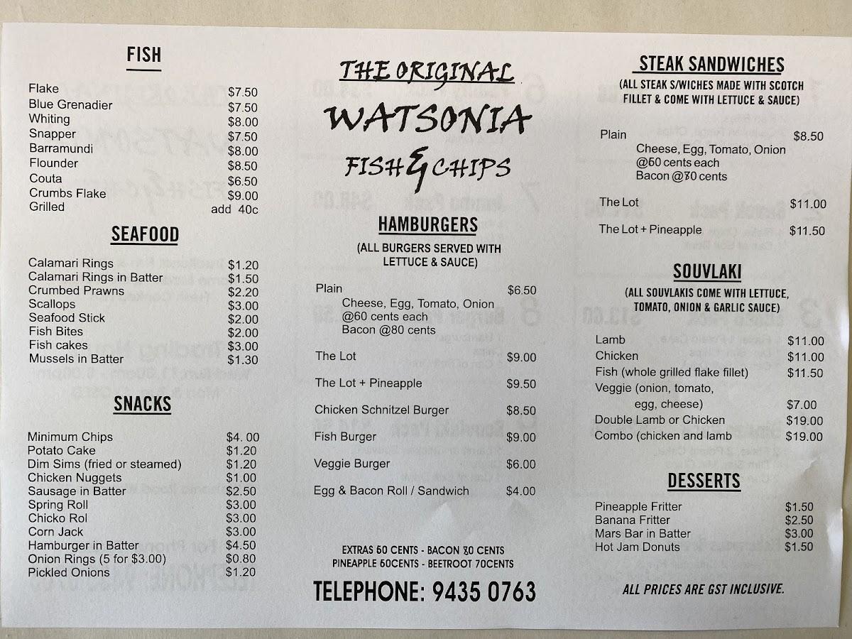 Menu at Watsonia Fish & Chips fast food, Watsonia