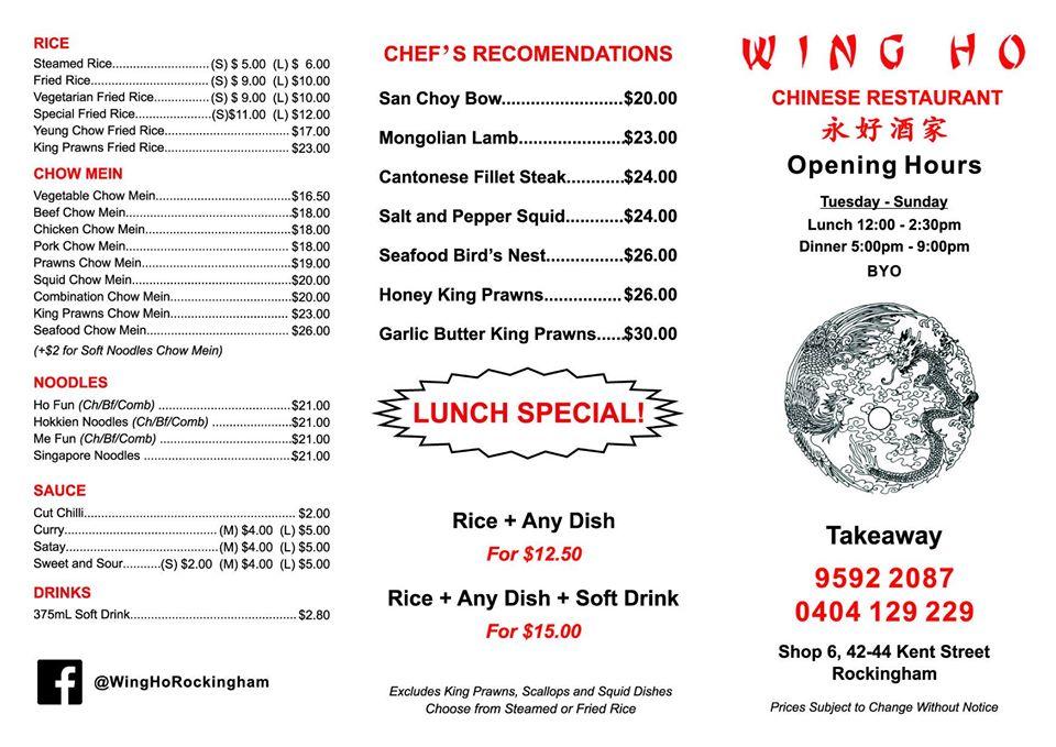 Menu at Wing Ho Chinese Restaurant, Rockingham