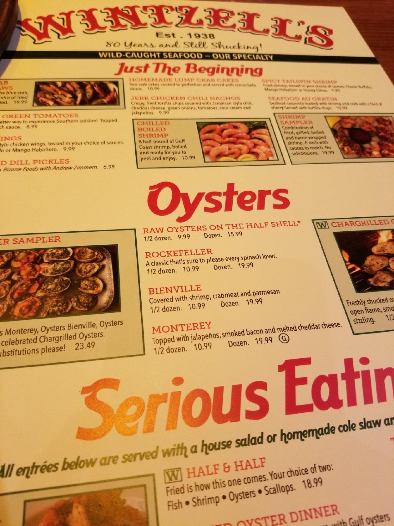 Menu at Wintzell's Oyster House restaurant, Montgomery, 105 Commerce St
