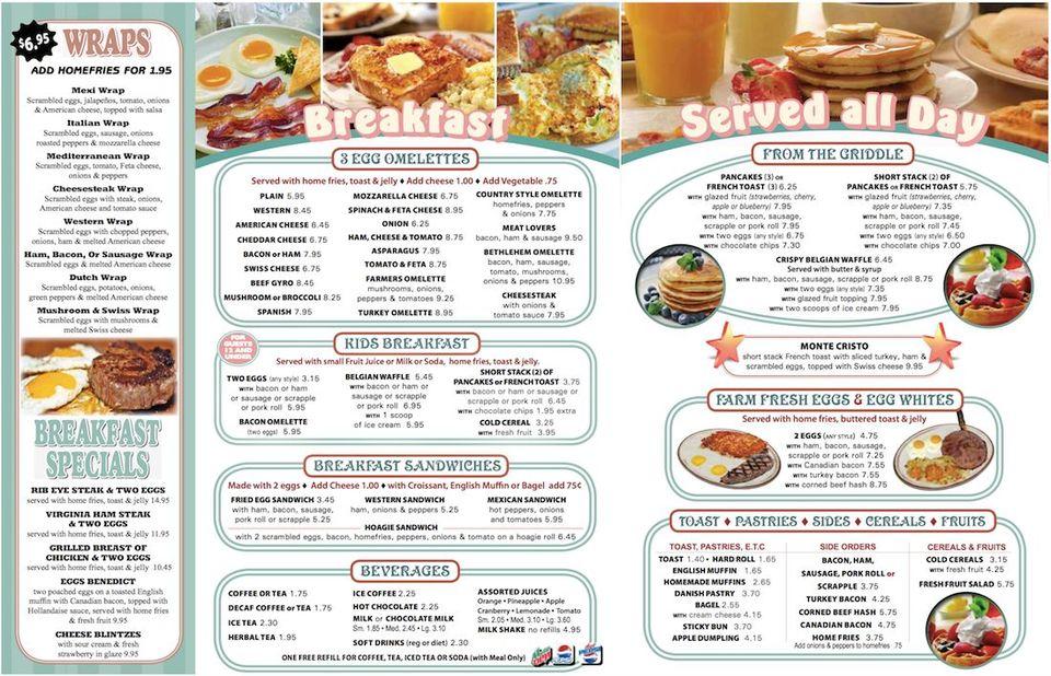 Menu at Bethlehem Diner restaurant, Allentown