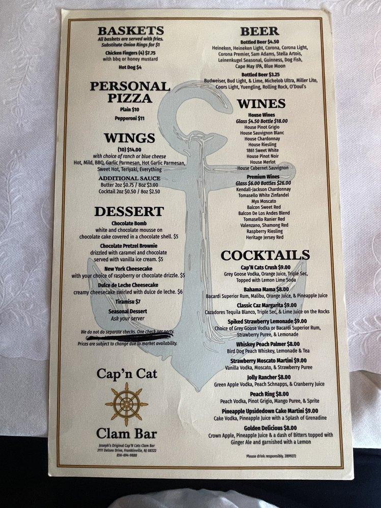 Menu at Cap'n Cat Clam Bar, Franklin
