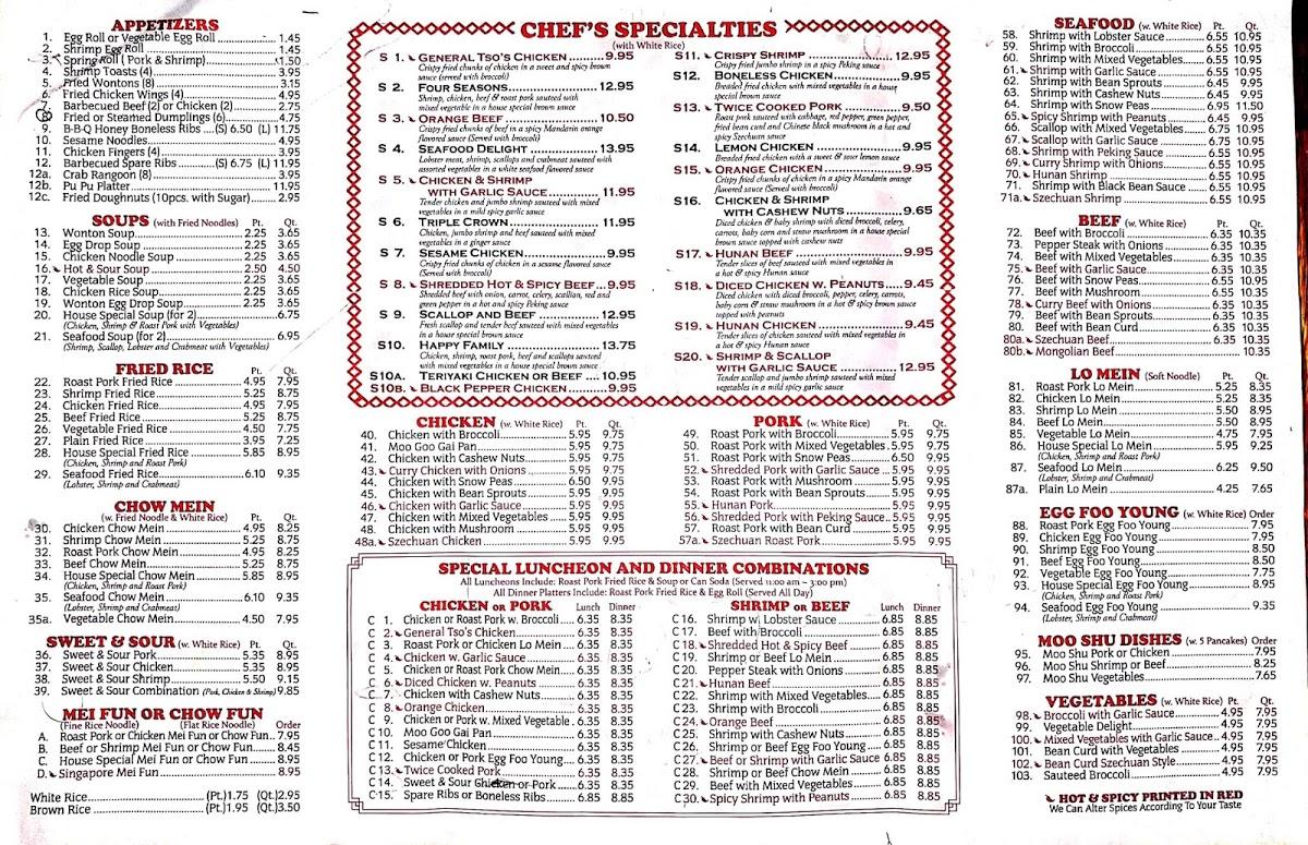 Menu at China Moon restaurant, Cleona