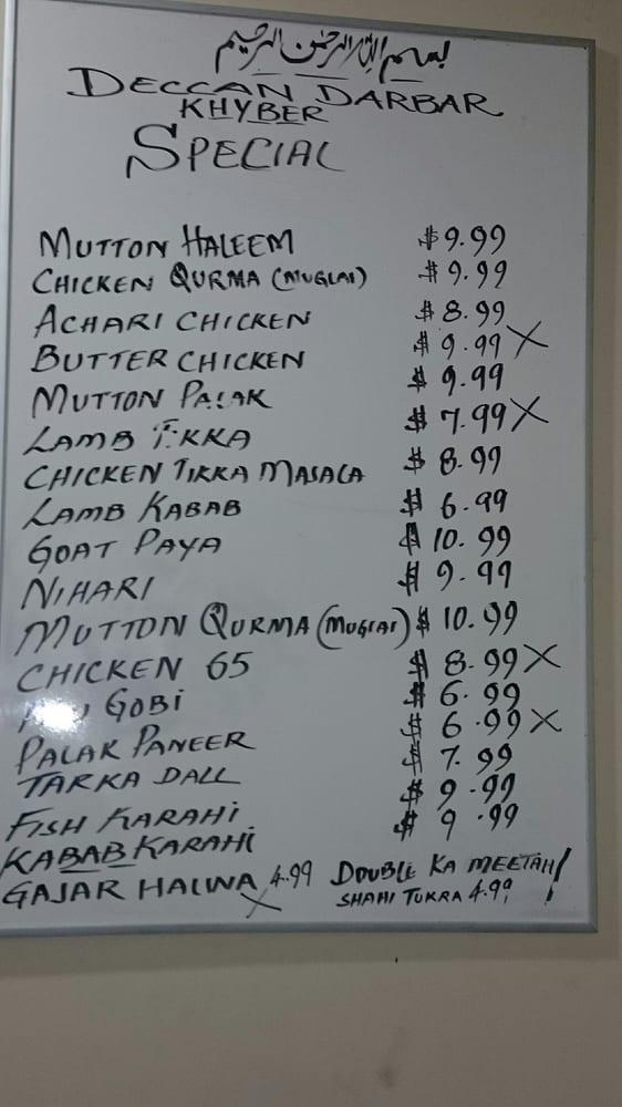Menu at Deccan Darbar/Khyber Restaurant, Columbus
