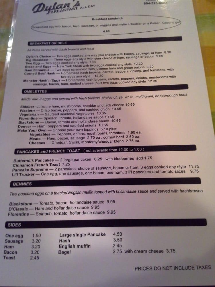 Menu at Dylan's restaurant, Vancouver