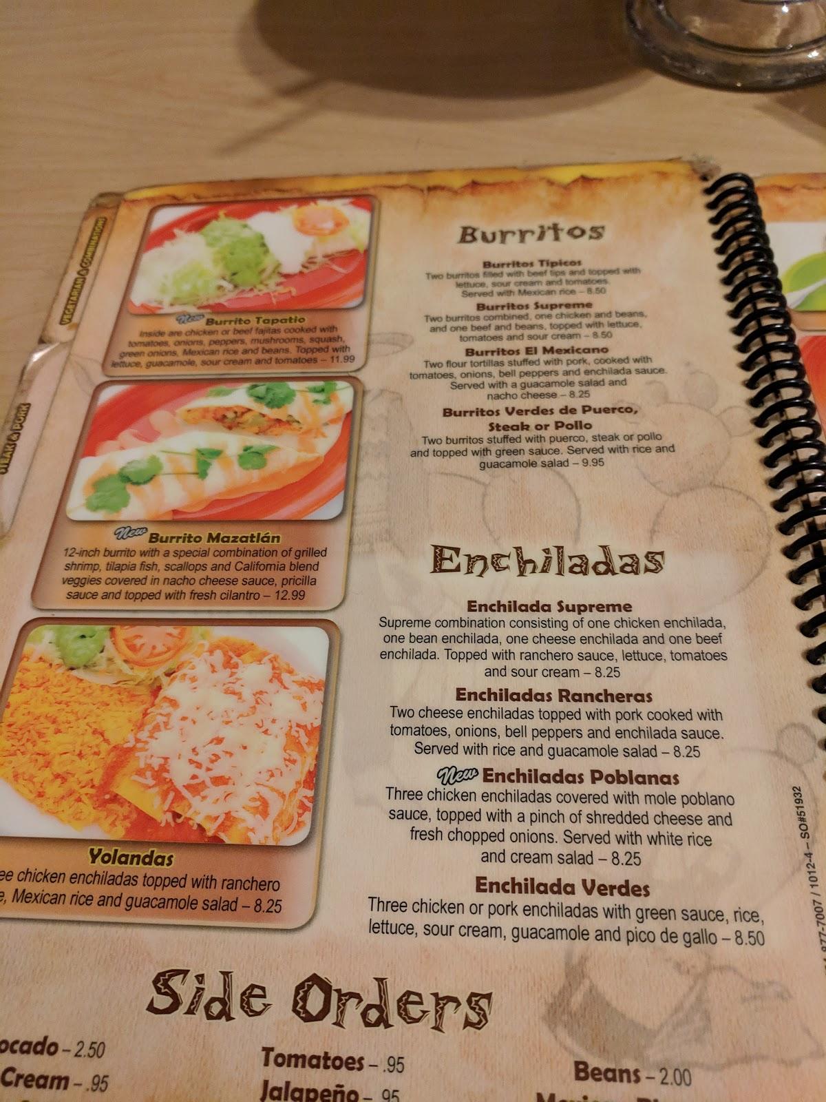 Menu at El Mexicano restaurant, Clover