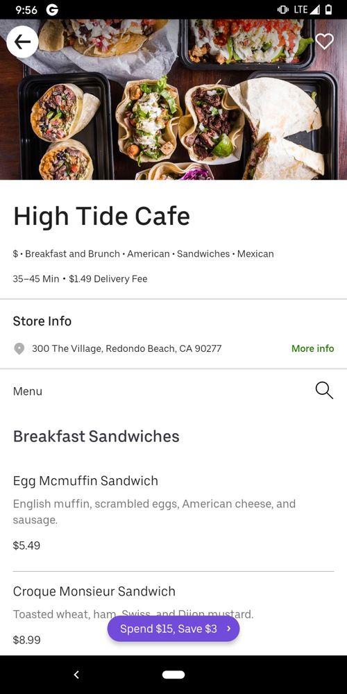 Menu at High Tide Cafe, Redondo Beach