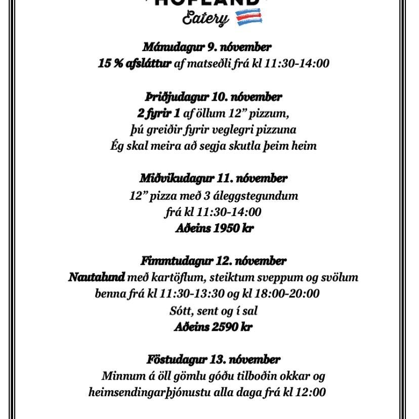 Menu at Hofland Eatery restaurant, Hveragerði