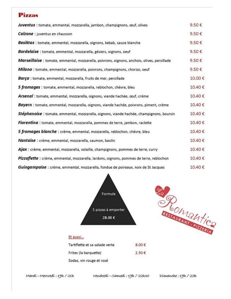 Carta de pizzería La Romantica, Saint-Laurent-des-Autels