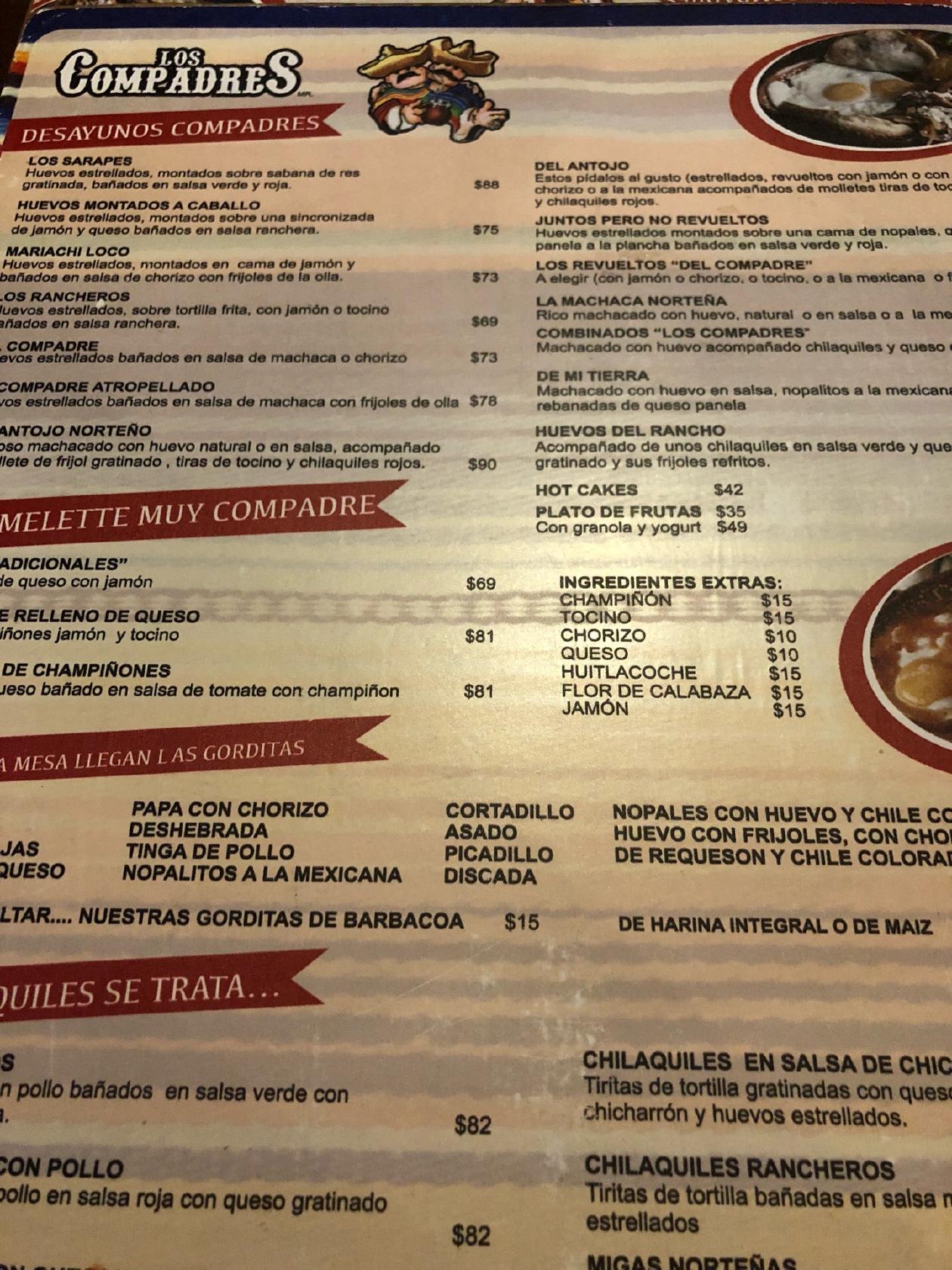 Carta del restaurante Los Compadres, Saltillo, Lic. Benito Juárez 463
