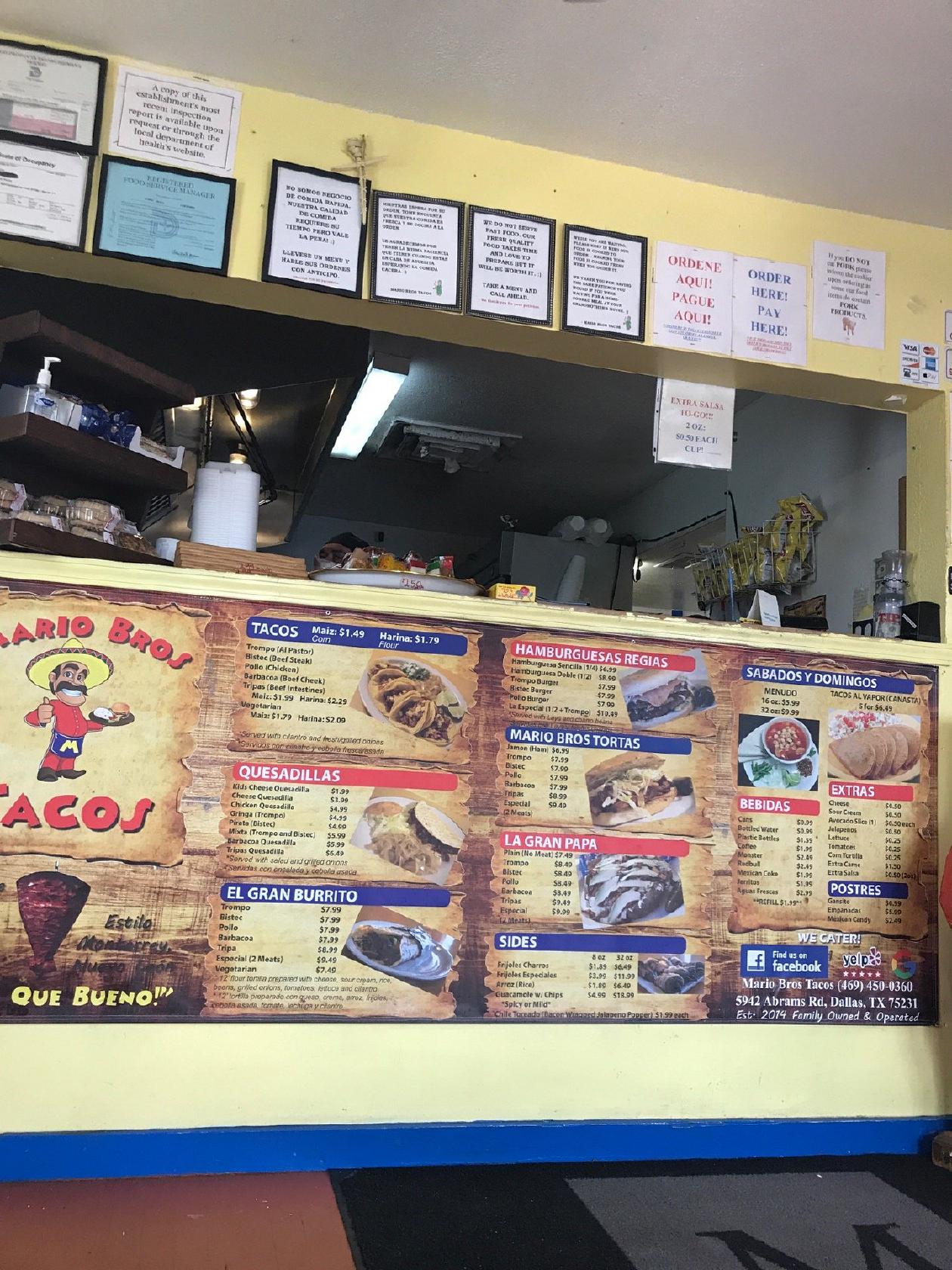 Menu at Mario Bros Tacos restaurant, Dallas, Abrams Rd Suite 206