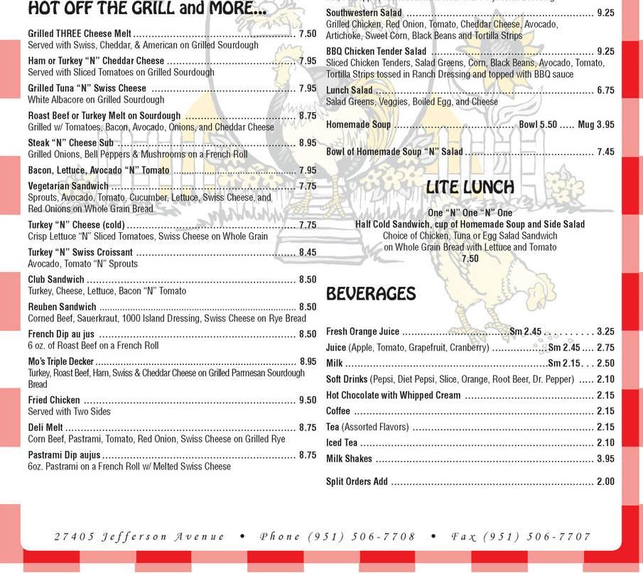 Menu at Mo's Egg House restaurant, Temecula