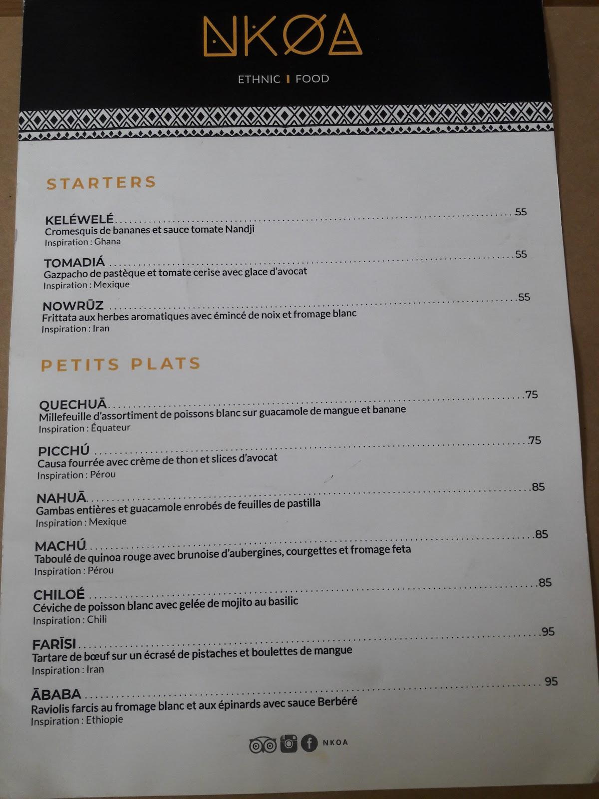 Menu at NKOA restaurant, Casablanca