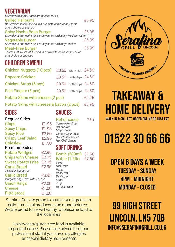 Menu at Serafina Grill restaurant, Lincoln