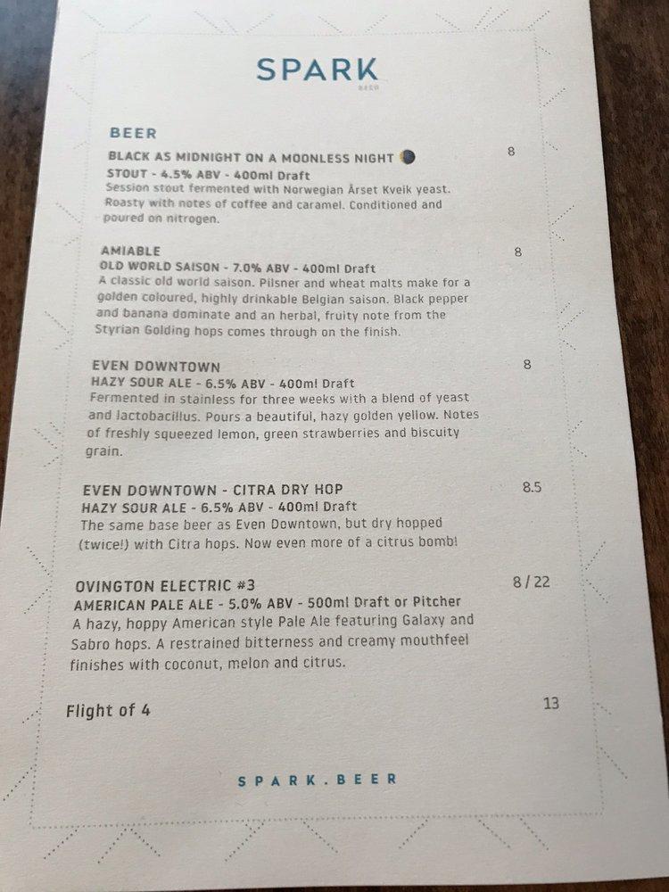 Menu at Spark Beer, Ottawa