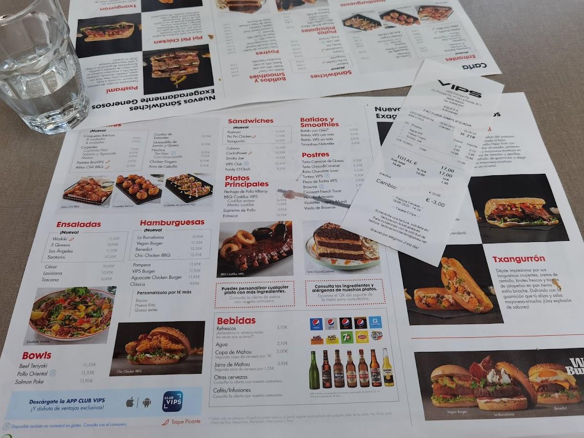 Carta del restaurante VIPS, Madrid, Paseo del la Florida