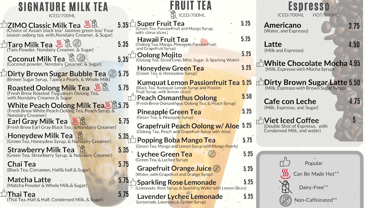 Menu at Zimo Bakery & Cafe, Tampa