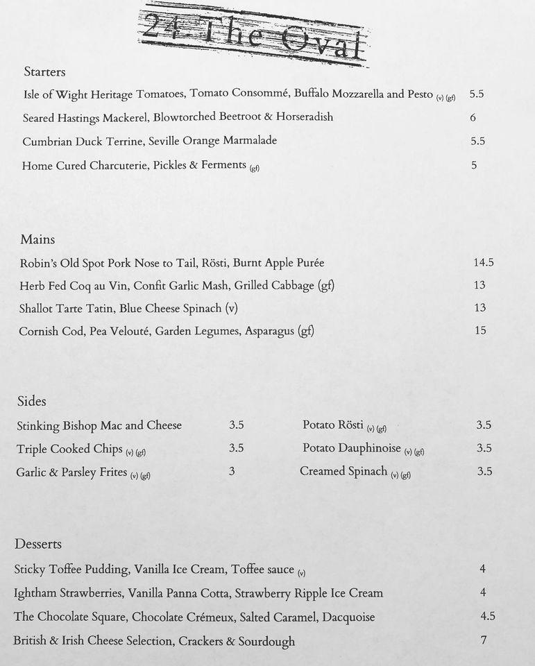 Menu at 24 The Oval pub & bar, London