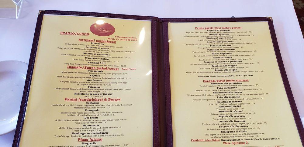 Menu at Aurora Ristorante Italiano restaurant, Novato