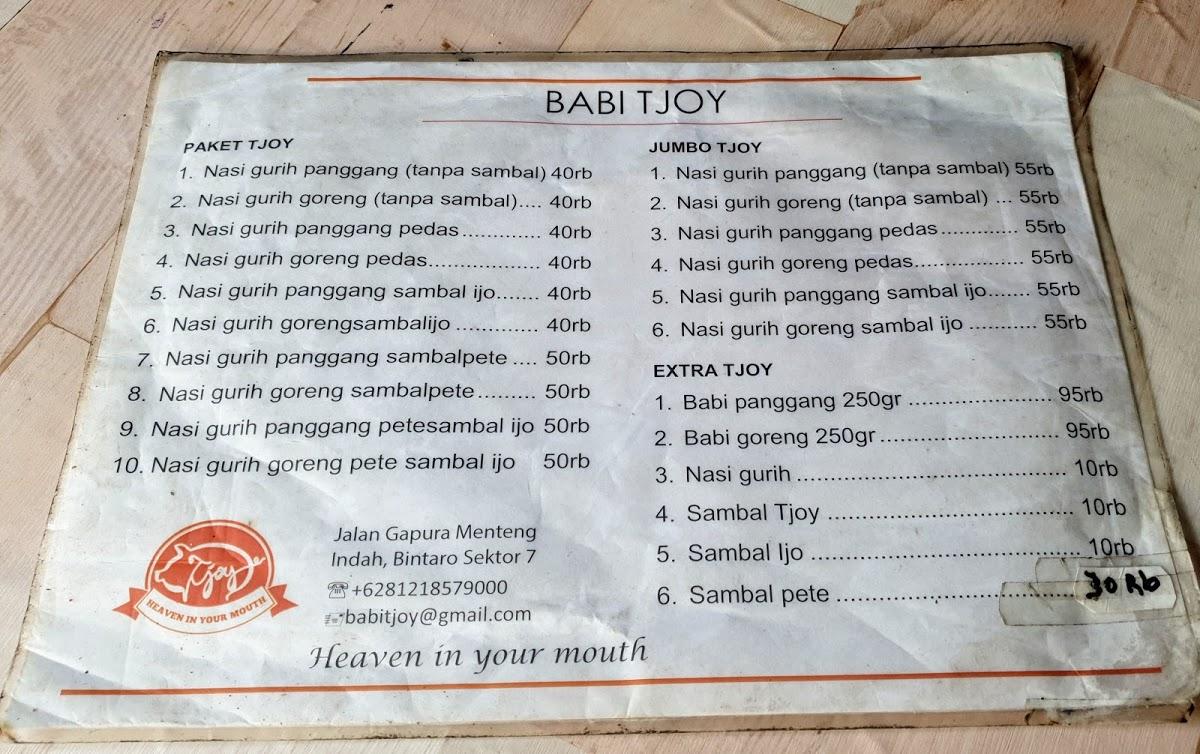 Menu at Babi Tjoy restaurant, Central Jakarta, Jl. Bend. Jatiluhur No.81