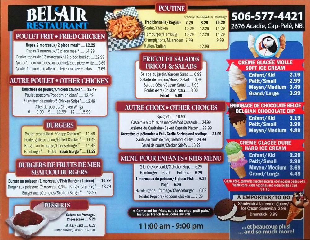 Menu at Bel Air Take-Out restaurant, Cap-Pele, Acadie Rd