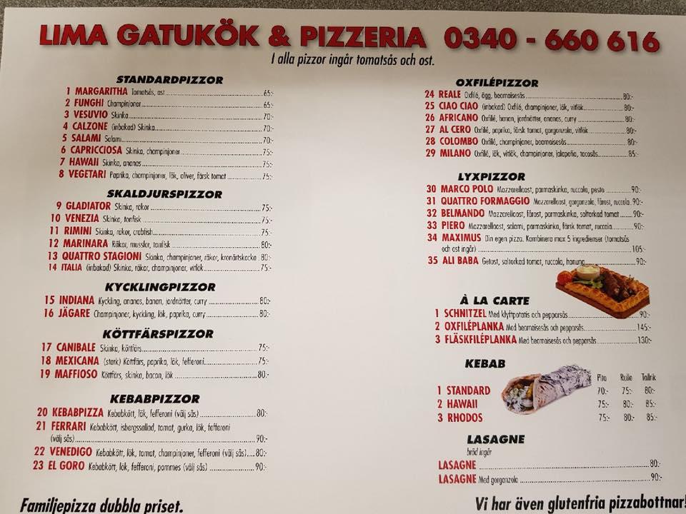 Menu at Lima Gatukök & Pizzeria, Sweden