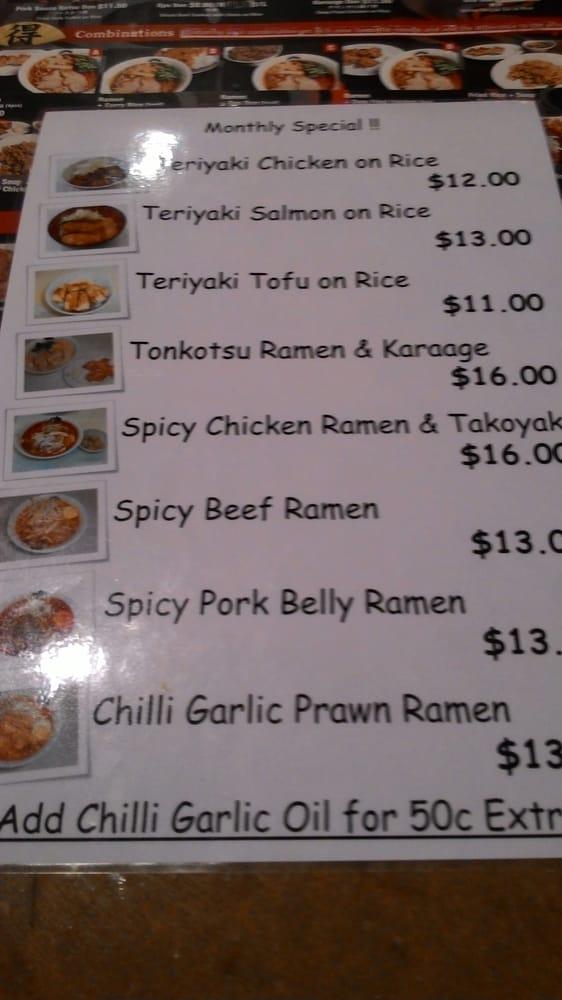 Menu at Ramen Daikoku restaurant, Auckland, Tyler St