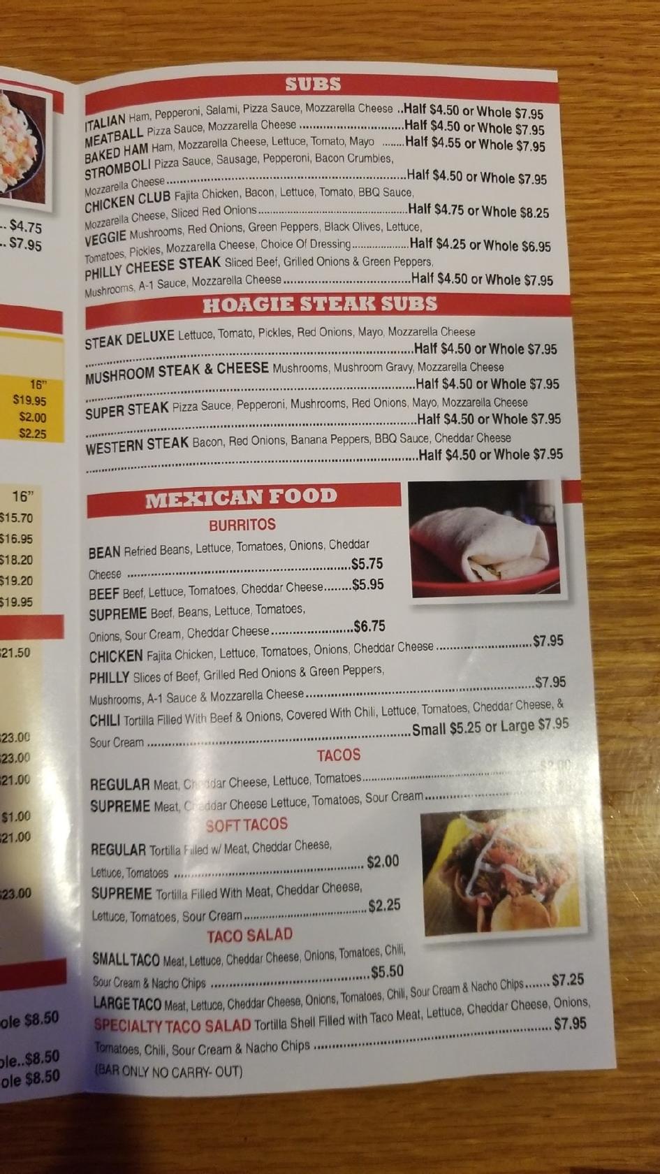 Menu at Red Front Inn pizzeria, New Paris