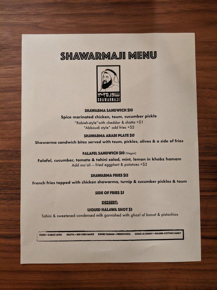 Menu at Shawarmaji restaurant, Oakland, Franklin St