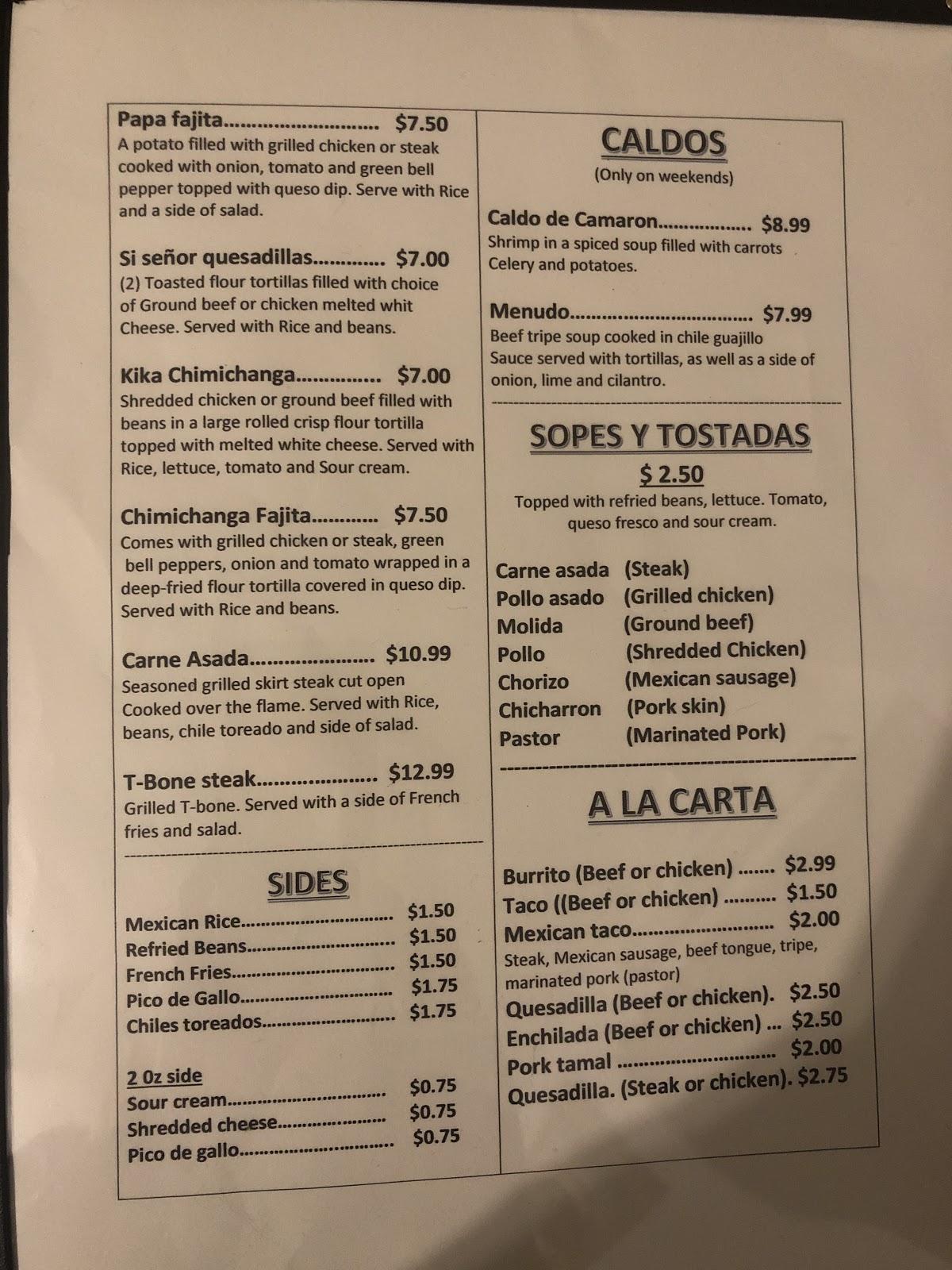Menu at Si Señor Authentic Mexican Restaurant, Kentland